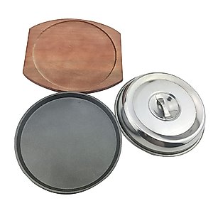 Operitacx 1 Set Western Food Cover Korean Barbecue Dish Sizzling Steak Plate Korean BBQ Grill Pan Metal Steak Plates Pan with Lid Japanese Steak Plate Stove Grill Delicatessen Wood Round
