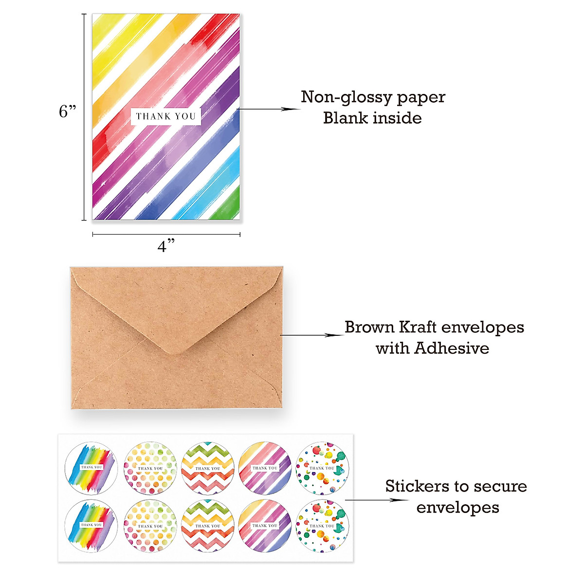 Thank You Cards with Brown Kraft Envelopes and Stickers - 5 Designs Bulk Watercolor Notes Pack of 20 - for Baby Showers, Bridal Showers, Weddings, All Occasion, 4x6 Inch, Count of 20 (Watercolor)