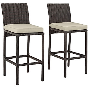 Crosley Furniture Palm Harbor Wicker Outdoor Bar Stools, Set of 2, Patio Furniture for Backyard, Balcony, Brown with Sand Cushion