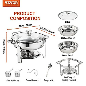 VEVOR Round Catering Warmer Server Chafing Dish Buffet Set, 2 Packs, 4 Quart