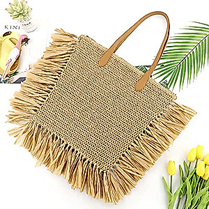 Women Large Fringe Straw Woven Shoulder Bag Summer Beach Top-Handle Bag Travel Tote