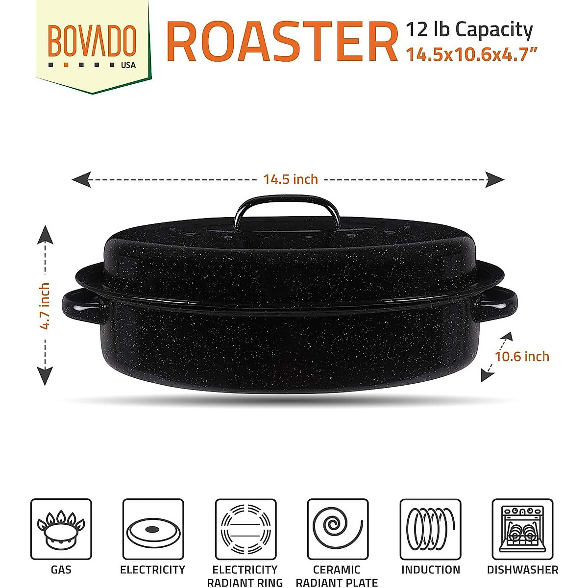 Bovado 15.5" Enamel Oval Turkey Roaster with Lid - 12lb Capacity, Nonstick, Dishwasher Safe