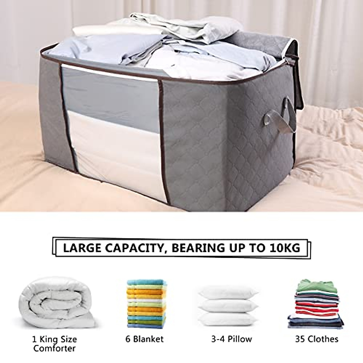 Gloppie Clothes Storage Bag Organizer (6-Pack, 90L) Closet Rrganizers Storage Blanket Clothes Organization and Storage Containers for Bedding Comforters Foldable with Reinforced Handle Clear Window