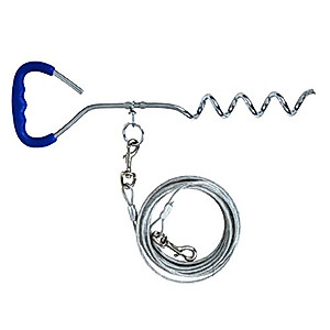 Petmate Easyturn 18 Inch Spiral Stake Dog Tie Out With 20 Foot Cable; For Dogs Up To 100 Pounds, Blue Comfort Power Handle For Secure Installation Into Ground