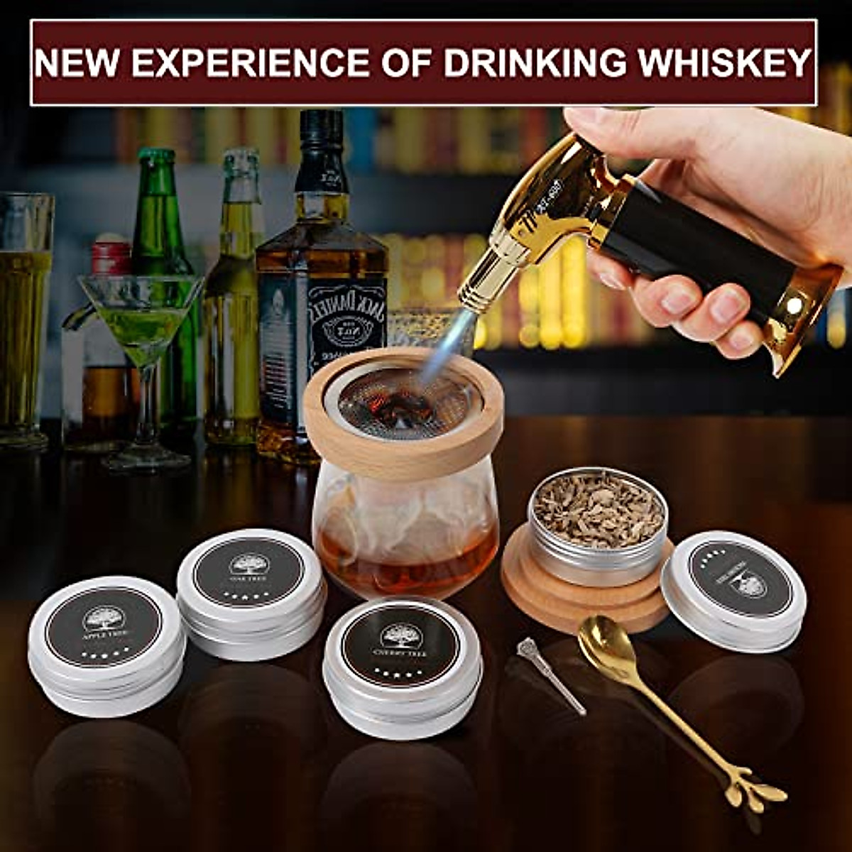 Adoay Cocktail Smoker Kit, Drink Smoker Gifts for Men w/4 Wood Chips/Torch/Whiskey Stones, Old Fashioned Smoker Kit Smoker Accessories for Whisky Smoker Bar Set Birthday Gifts