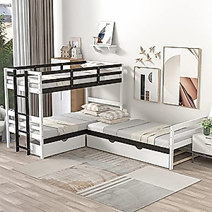 P PURLOVE Twin Over Twin & Twin Bed Bunk with Trundle, Drawer and Ladder, L-Shaped Bunk Bed Frame with Wooden Slat Support and Full-Length Guardrails, No Box Spring Needed (White)