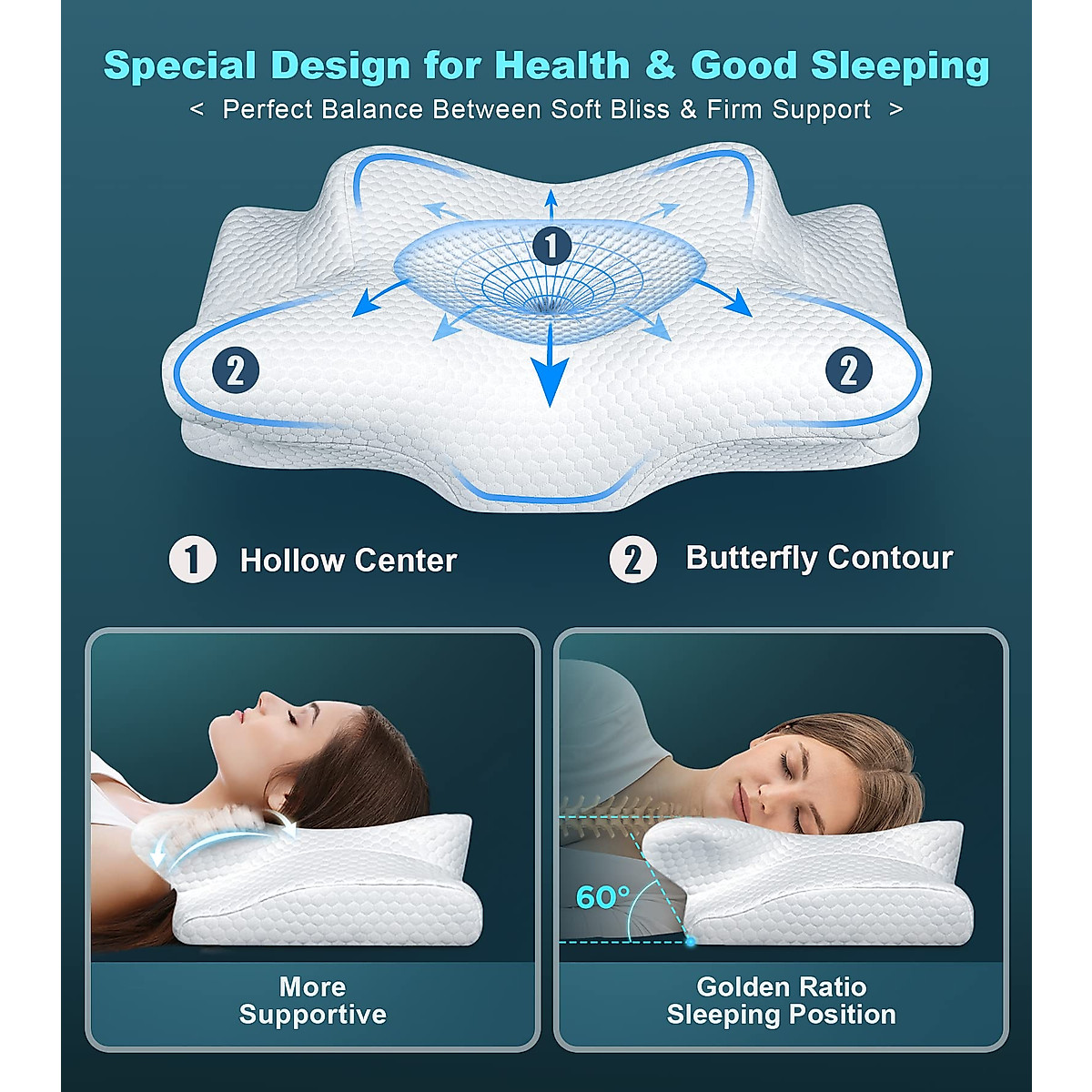 Emircey Adjustable Cervical Pillow for Neck and Shoulder Pain Relief, 3X Plus Support Hollow Contour Memory Foam for Sleeping, Odorless Orthopedic Bed Pillows for Side, Back, Stomach Sleeper