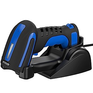 Symcode 2D Bluetooth Barcode Scanner with Wireless Charging Stand, 1968 Feet Transmission Distance 433Mhz Wireless & Bluetooth Barcode Reader, Shock Dust Proof Hands Free Bar Code Scanner Blue