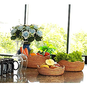 CLAYNIX Woven Fruit Basket For Storage Key Holder Bowl Decorative Wall Bread Vegetable 3 Serving Bowl Set For Organizing Kitchen Natural Rattan Picnic Basket Curve Stackable Set of 3 (Wave)