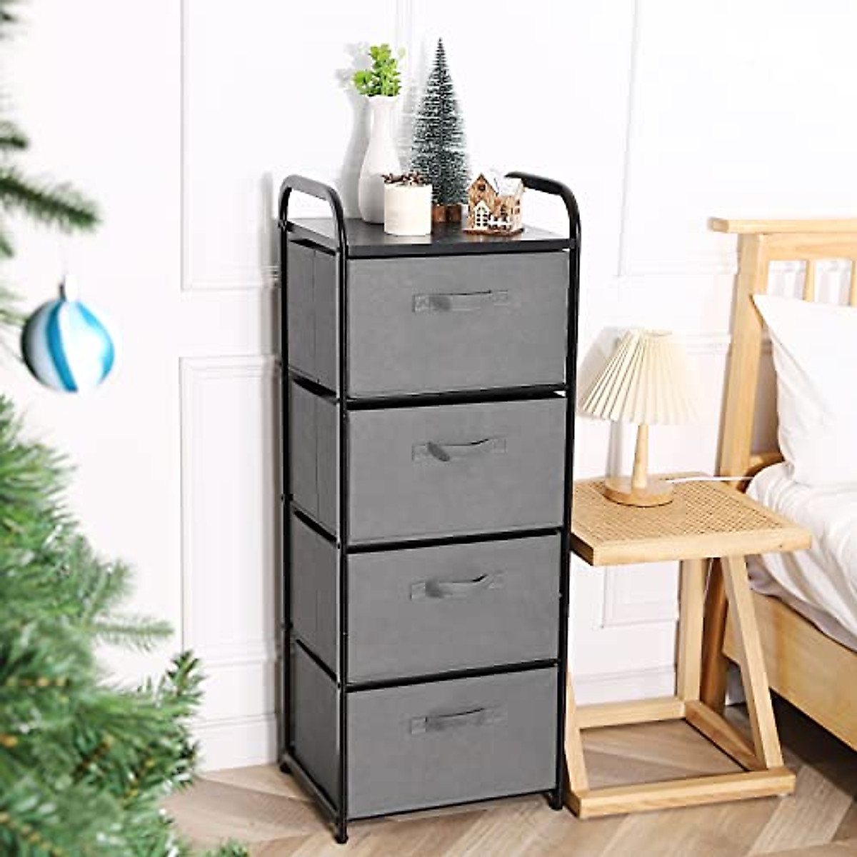MAX Houser 4 Drawer Fabric Dresser Tall Storage Tower, Dresser Chest with Wood Top, Vertical Nightstand Side Organizer Unit with Metal Frame for Closets Bedroom Nursery Room Hallway(Leaden)
