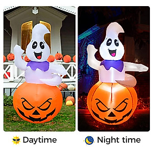 5 FT Halloween Inflatables Outdoor Decorations Ghost Pumpkin Decor with LED Lights and Air Pump Blow up Inflatable Clearance Halloween Decor Outside Garden Lawn Yard House