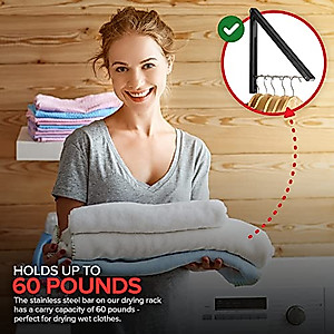 Stock Your Home Single Foldable Clothing Rack, Wall-Mounted Retractable Clothes Hanger for Laundry Dryer Room, Hanging Drying Rod, Small Collapsible Folding Garment Racks, Dorm Accessories (Black)