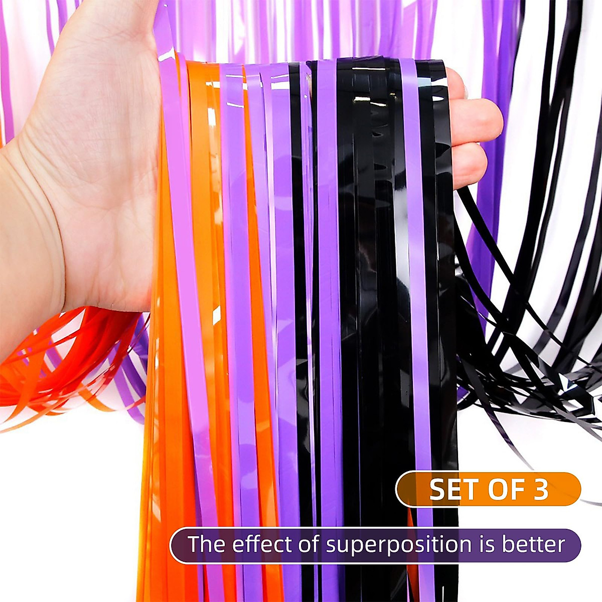 Ohiyoo Halloween Foil Fringe Curtains 3 Pack 3.3 X 6.6 ft Black Purple Orange Fringe Curtains Halloween Party Photo Backdrop Streamer Backdrop for Birthday Halloween Party Decoration (Style B)