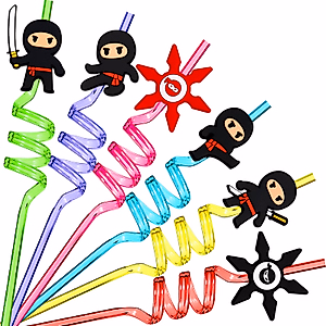 24 Pcs Ninja Party Favors Decoration Straws Ninja Karate Themed Birthday Party Supplies Reusable Drinking Plastic Straws Karate Party Gift for Kids Juice Milk Drinks Colorful Christmas Party Decor