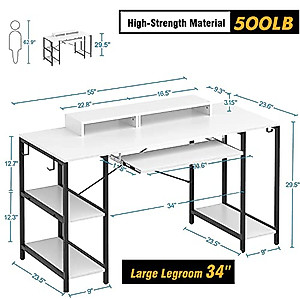 White Desk with Keyboard Tray, 55 INCH Desk with Storage Shelves Modern Computer Desks for Home Office Study Desk with Monitor Shelf Industrial PC Desk Studio Desk with Iron Hooks, Easy to Assemble
