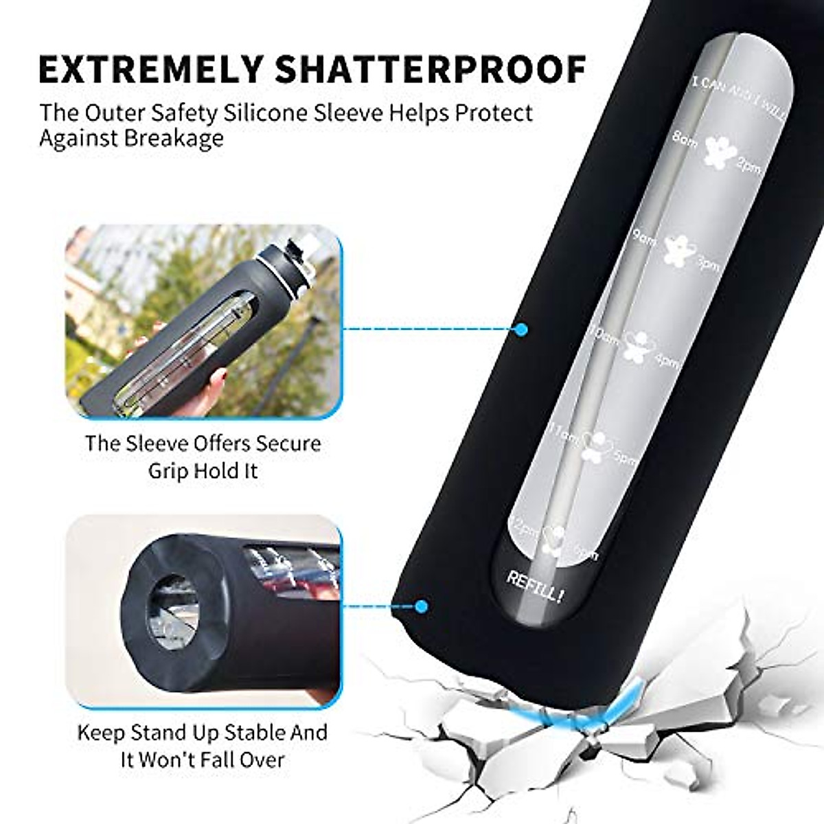 32 Oz Glass Water Bottle with Straw & Silicone Sleeve 100% BPA Free Borosilicate Glass Water Bottle, 1L Wide Mouth Leakproof Lids Motivational Time & Ounce Marker Ensure Track H2o Goal