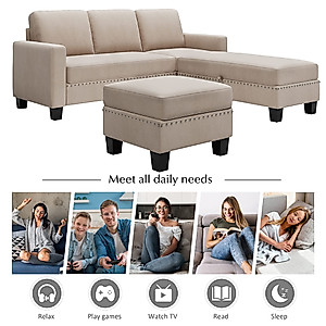FIQHOME 81" Reversible, L-Shaped Couch with Storage Ottoman,Sectional Chaise,Nailheaded Textured Fabric 3 Pieces Sofa Set,Warm Grey