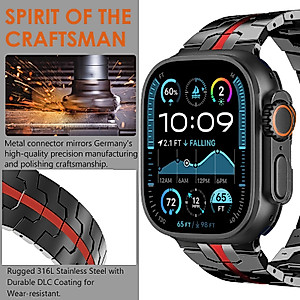 WINGLE Metal Band for Apple Watch Band Ultra 2/Ultra Band 49mm Men, Series 10 46mm, 9/8/7 45mm, SE/6/5/4 44mm, 3/2/1 42mm, Stainless Steel Bands with Folding Clasp iWatch Strap Bracelet, Black/Red