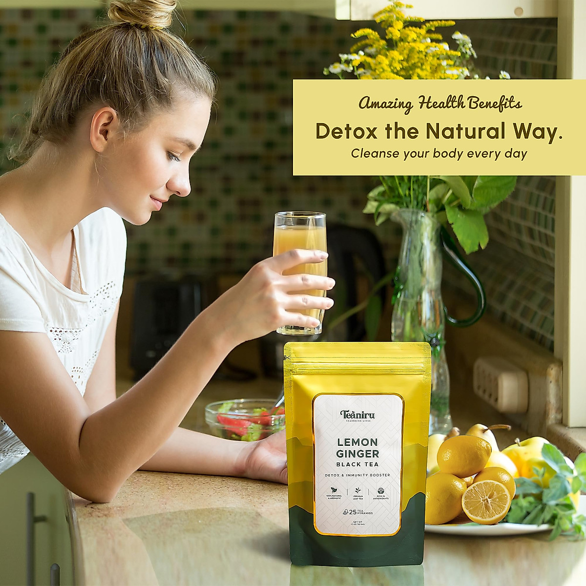 Teaniru, Lemon Ginger Tea - Detox tea for body cleanse, 25 Pyramid Tea Bags, Pure Leaf Tea - Naturally Flavored Black Tea, Rich in Antioxidants, Zero Calorie, Vegan, Gluten free - Immunity booster tea