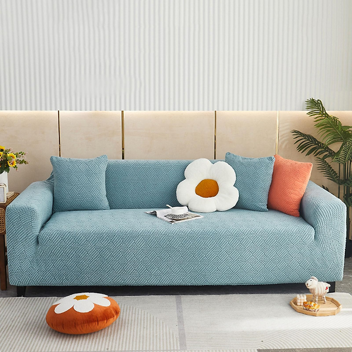 GUYIRT High Stretch Sofa Cover, Dustproof Furniture Protector for 1 2 3 4 Seater Sofa, Anti Slip Sofa Slipcovers with Elastic Strap-Blue-4 Seater(235-300cm)