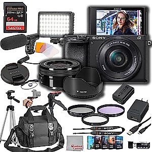 Sony a6400 Mirrorless Camera with 16-50mm Lens 64GB Extreem Speed Memory,Videl Microphone, LED Video Light, Case. Tripod, Filters, Hood, Grip, & Professional Video & Photo Editing Software Kit
