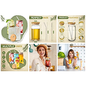 4pcs Set - Tinni’s Glass Cups with Bamboo Lids and Glass Straw - Reusable Beer Can Shaped Drinking Glasses, 16 oz Iced Coffee Glasses, Cute Tumbler Cup for Smoothie, Boba Tea -Cleaning Brush