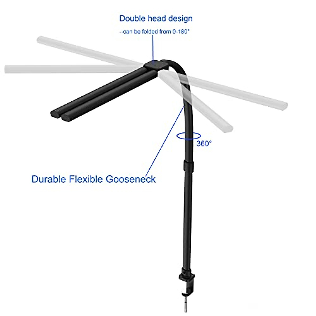 Mostorlit Double Head LED Desk Lamp, Eye Care Architect Tall Task Table Lamp with Clamp, 24W Super Bright Workbench Office Lighting for Monitor Studio Reading (Black)