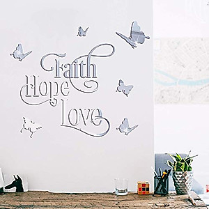 Faith Hope Love 3D Acrylic Mirror Wall Stickers, HOLENGS 3D Butterfly Mirror Surface Peel and Stick Removable Motivational Letter Wall Decals, Crystal DIY Wall Decor for Home Living Room Bedroom