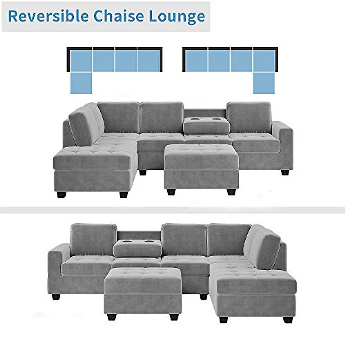 Verfur Fabric Upholstery Convertible Sectional Sofa with Reversible Chaise, L Shaped Couch with Storage Ottoman and 2 Cup Holders Corner, Light Gray 112"