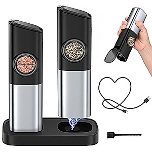 Gravity Electric Salt and Pepper Grinder Set, Rechargeable Salt and Pepper Grinder Set with Charging Base, Safe Switch, Automatic Pepper Grinder with Dustproof Cover, LED Light, Adjustable Coarseness