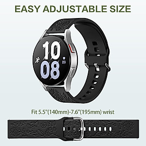 SNBLK Flower Engraved Bands Compatible with Samsung Galaxy Watch 7 6 5 4 Band 40mm 44mm, 20mm Strap for Galaxy Watch 6 40mm 44mm/Galaxy Watch 42mm/Watch 3 41mm/Active 2 40mm 44mm, Black