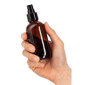 JUVITUS 4 oz Amber Glass Boston Round Bottle with Black Treatment Pump (4 pack) + Funnel