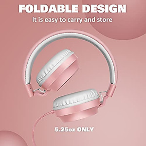 AKZ On-Ear Headphones with Microphone, Foldable Headphones with Tangle-Free Cord, Headphone with HD Sound, 3.5MM Jack, Portable Wired Headphones for School/Kids/Smartphones/Tablet/Travel (Pink)