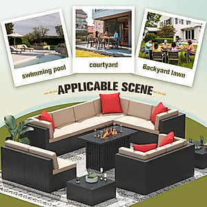 Greesum Patio Furniture 13-Pieces Outdoor PE Rattan Sectional Sofa w/43in Gas Fire Pit Table Sets 55000 BTU Add Warmth to Gatherings Parties On Deck Garden Backyard, Beige