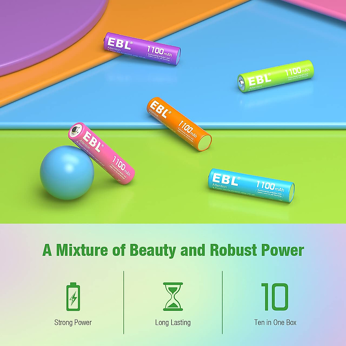 EBL Rechargeable AAA Batteries 10 Pack High Capacity 1100mAh (10 Pack- 2 * 5 Color in One Box) 1.2V Ni-Mh Triple AAA Battery ProCyco Technology