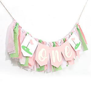Golf 1st Birthday Decorations For Girls - Hole In One High Chair Banner,Sports Themed First Birthday Photo Props,Golf Pink Green Ribbon One Banner,Baby Girl Smash Cake Backdrop Highchair Banner