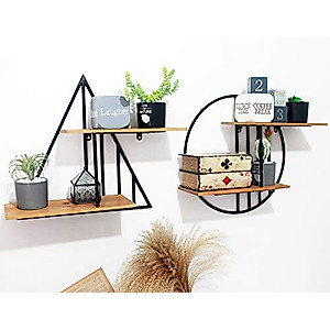 Funerom Rustic Wood and Metal Wall Mounted Floating Shelves Decorative Round Wall Shelf for Living Room, Bathroom, Kitchen