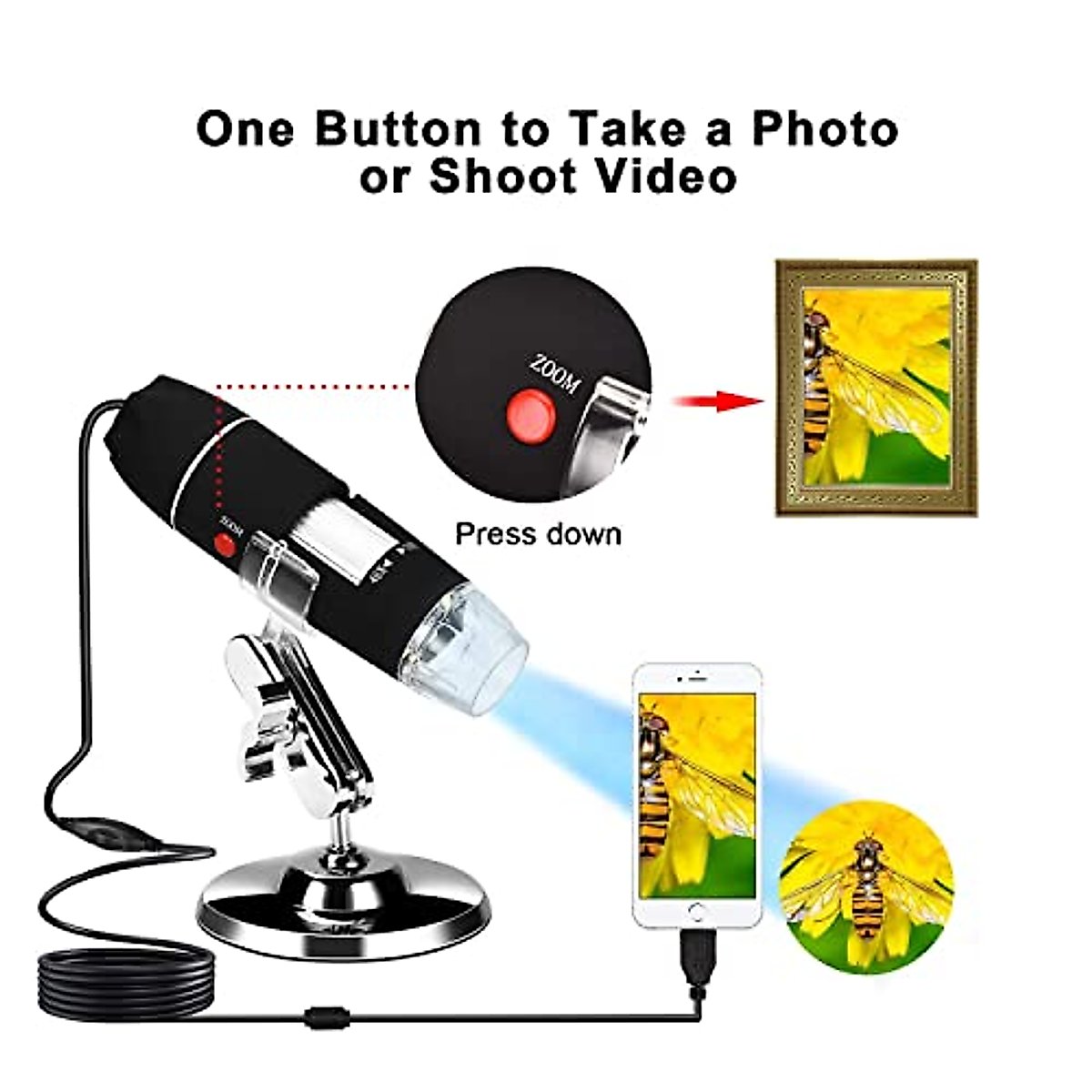 USB Microscope, 40X-1000X Digital Microscope 3 in 1 PCB Microscope Camera Magnification Endoscope Camera Portable Microscope, Metal Stand for Windows 7/8/10, Mac, Android with OTG, Linux
