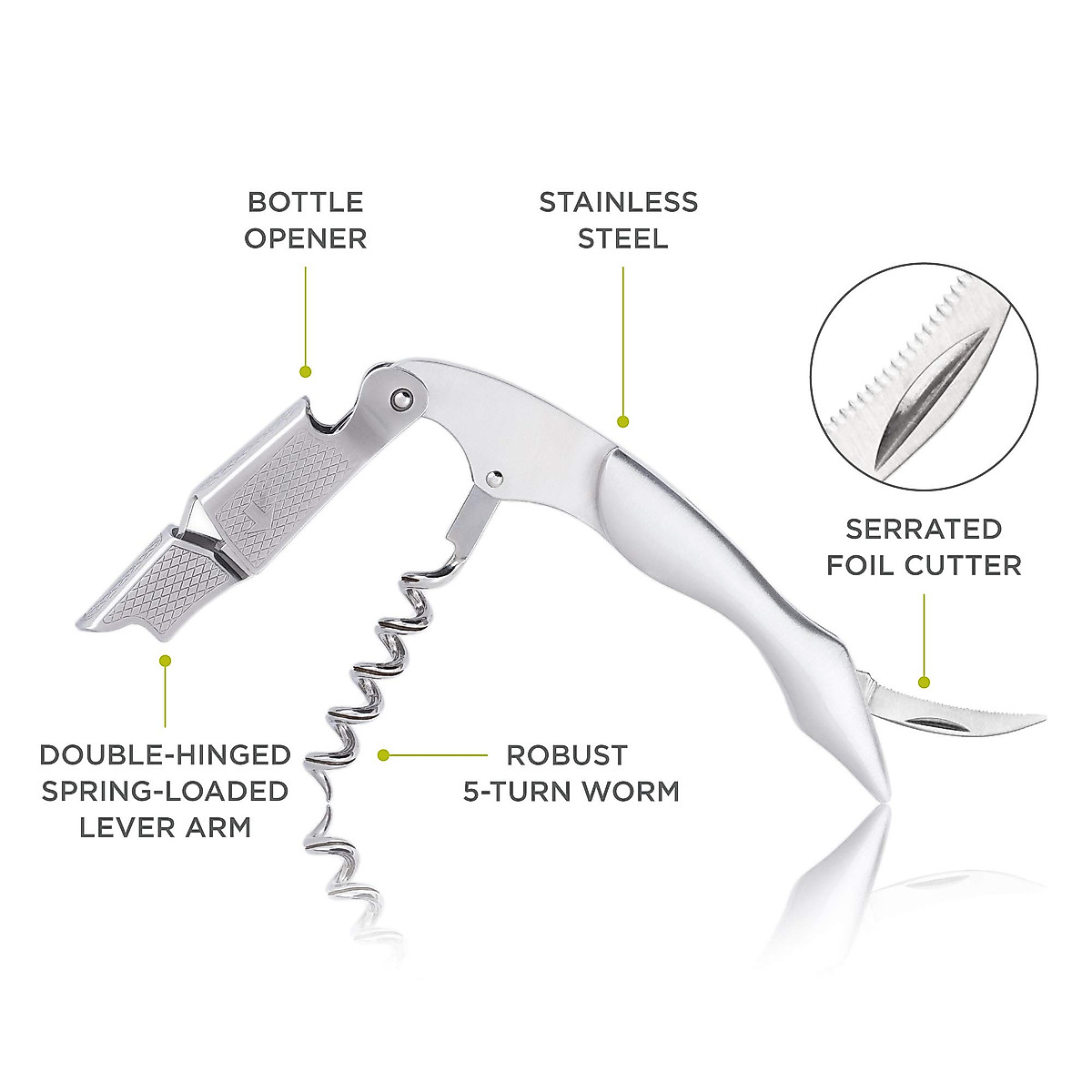 True Sommelier Waiter's Corkscrew - Professional Wine Bottle Opener, Wine Accessories, Gift for Wine Lovers, Stainless Steel - Set of 1, Silver