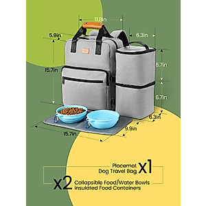 Dog Travel Bag, Airline Approved Organizer Backpack with Multi-Function Pockets, 25L Accessories Set with 2 Food Storage Containers, 2 Foldable Bowls for Weekend