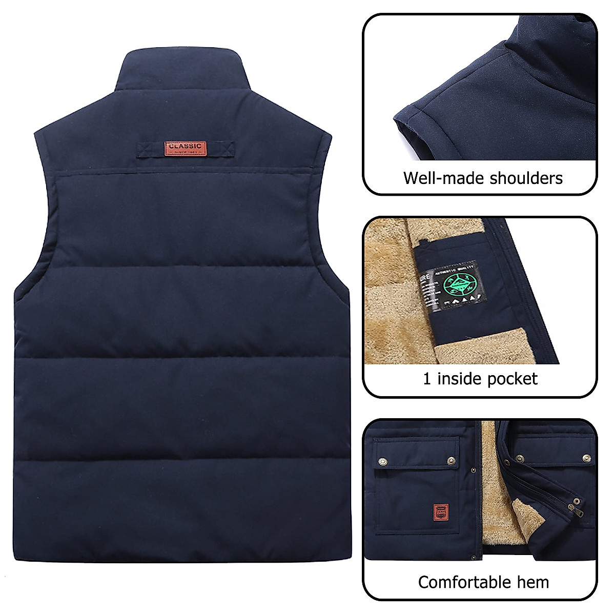 Vcansion Men's Outdoor Casual Stand Collar Thicken Qulited Fleece Jacket Padded Vest Lightweight Down Cotton Vest Coat Blue US M