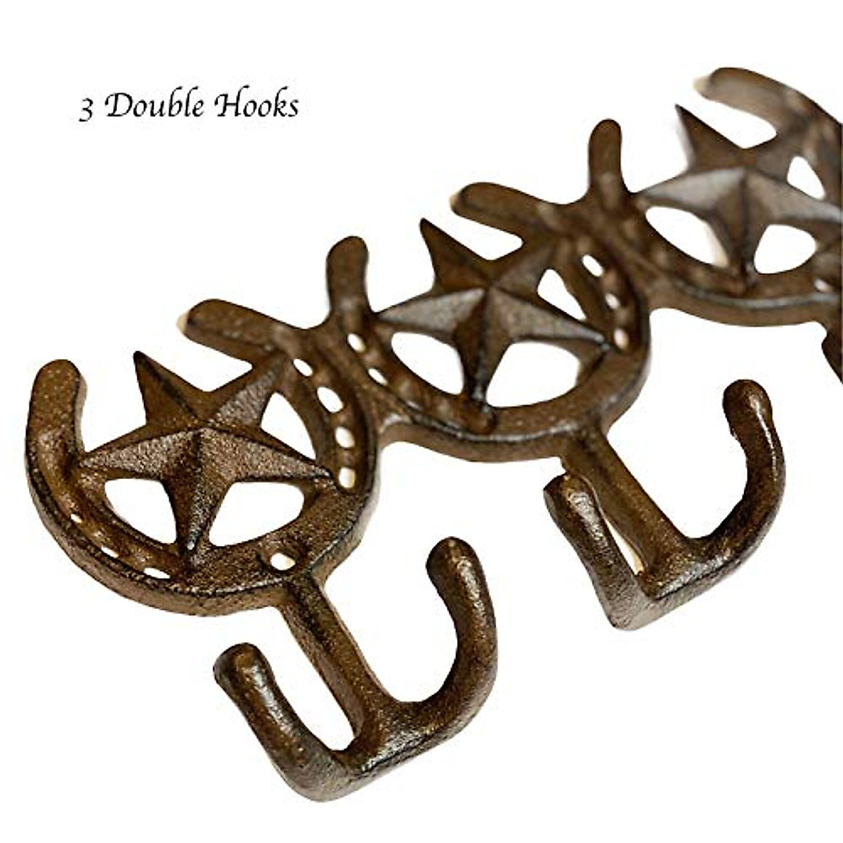 Urbalabs Western Cast Iron Rustic Country Wall Hooks Coat or Key Holder Wall Hook Mounted Decorative for Hats, Coats, Keys, Towels, Mudroom, Entryway, Mancave, Garage Bronze Finish (3 Horse Shoe Star)