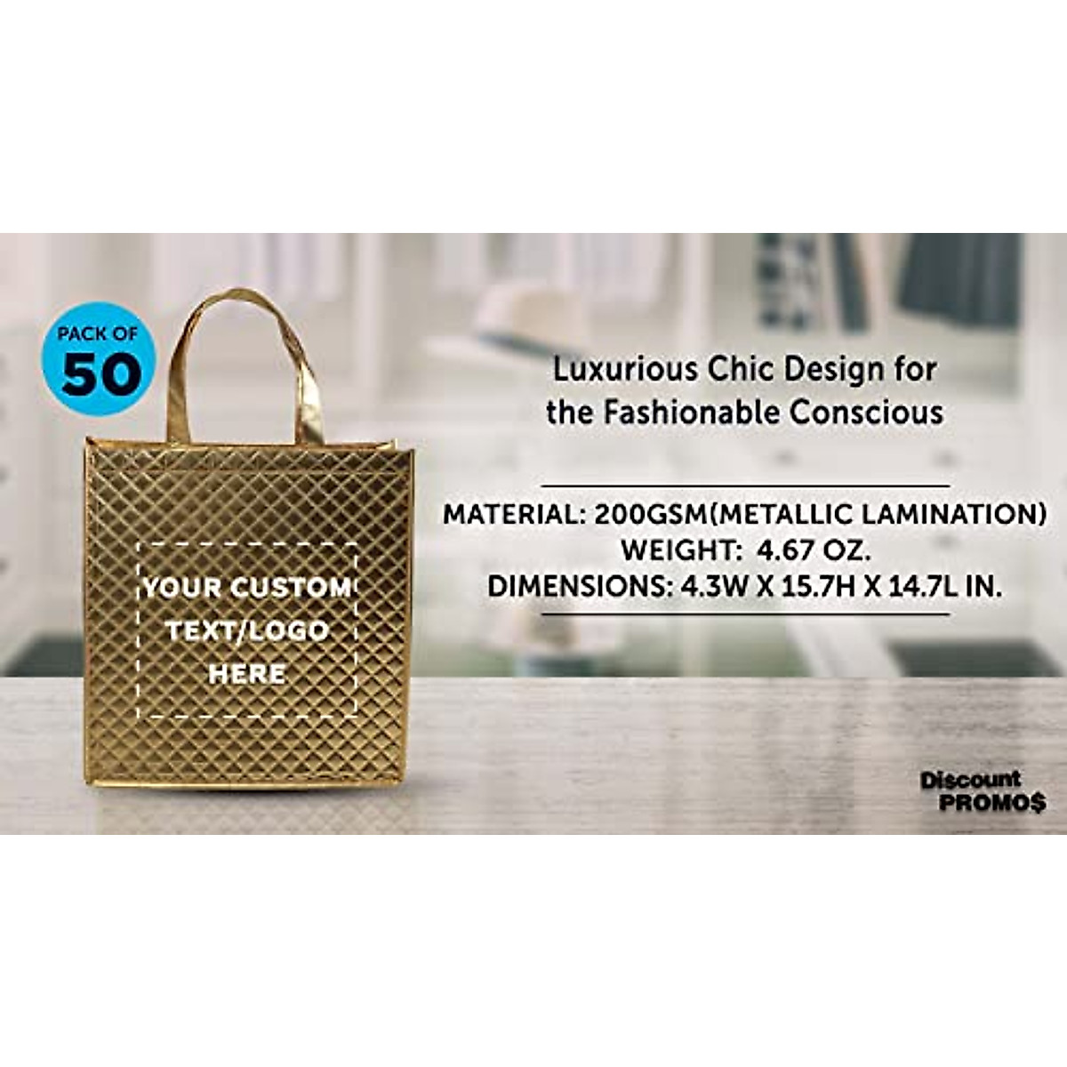 DISCOUNT PROMOS Custom Luxurious Laminated Tote Bags Set of 50, Personalized Bulk Pack - Reusable, Great for Shopping, Beach, Wedding Favors - Gold