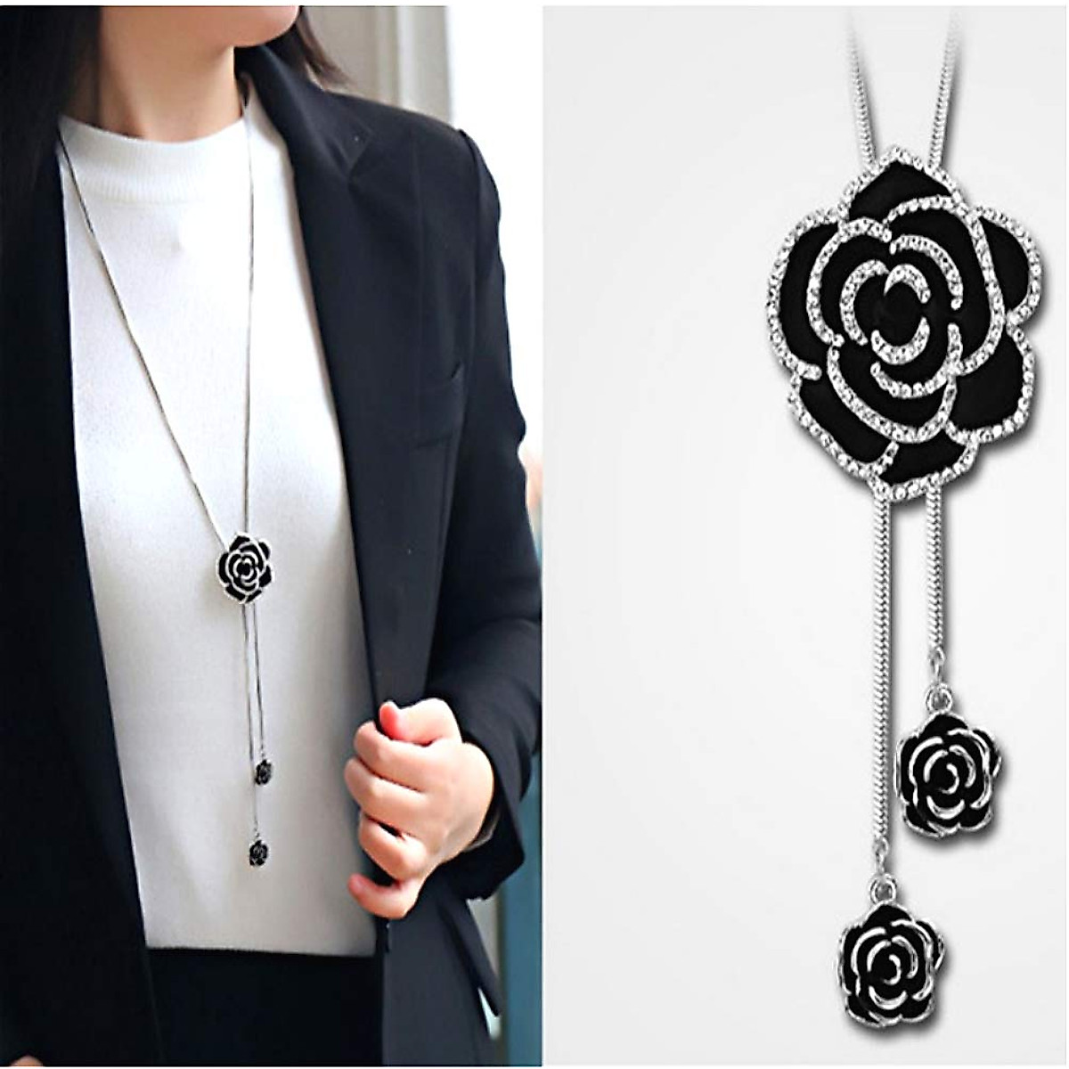 Cathercing Rhinestone Black Rose Pendant Long Necklace for Women Sweater Chain Statement Necklace Choker Adjustable Elegant Jewelry Crystal Accessories Dressy Collocation Winter Evening Party Wedding