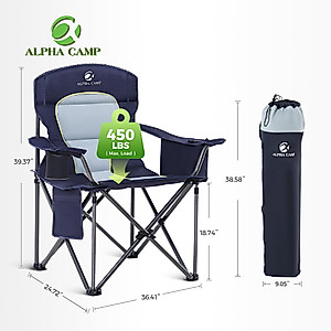 ALPHA CAMP Oversized Camping Folding Chair Heavy Duty Lawn Chair with Cooler Bag Support 450 LBS Steel Frame Collapsible Padded Arm Chair Quad Lumbar Back Chair Portable for Outdoor,Blue