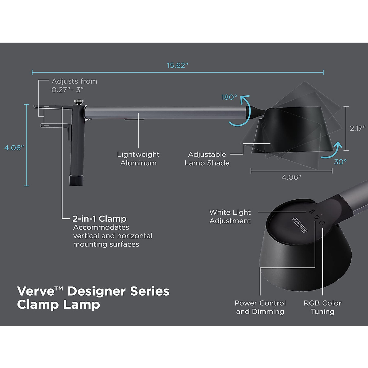 BLACK+DECKER Verve Designer LED Clamp Light, Fits Shelves, Cubicles & Headboards, True White LED + 16M RGB Colors
