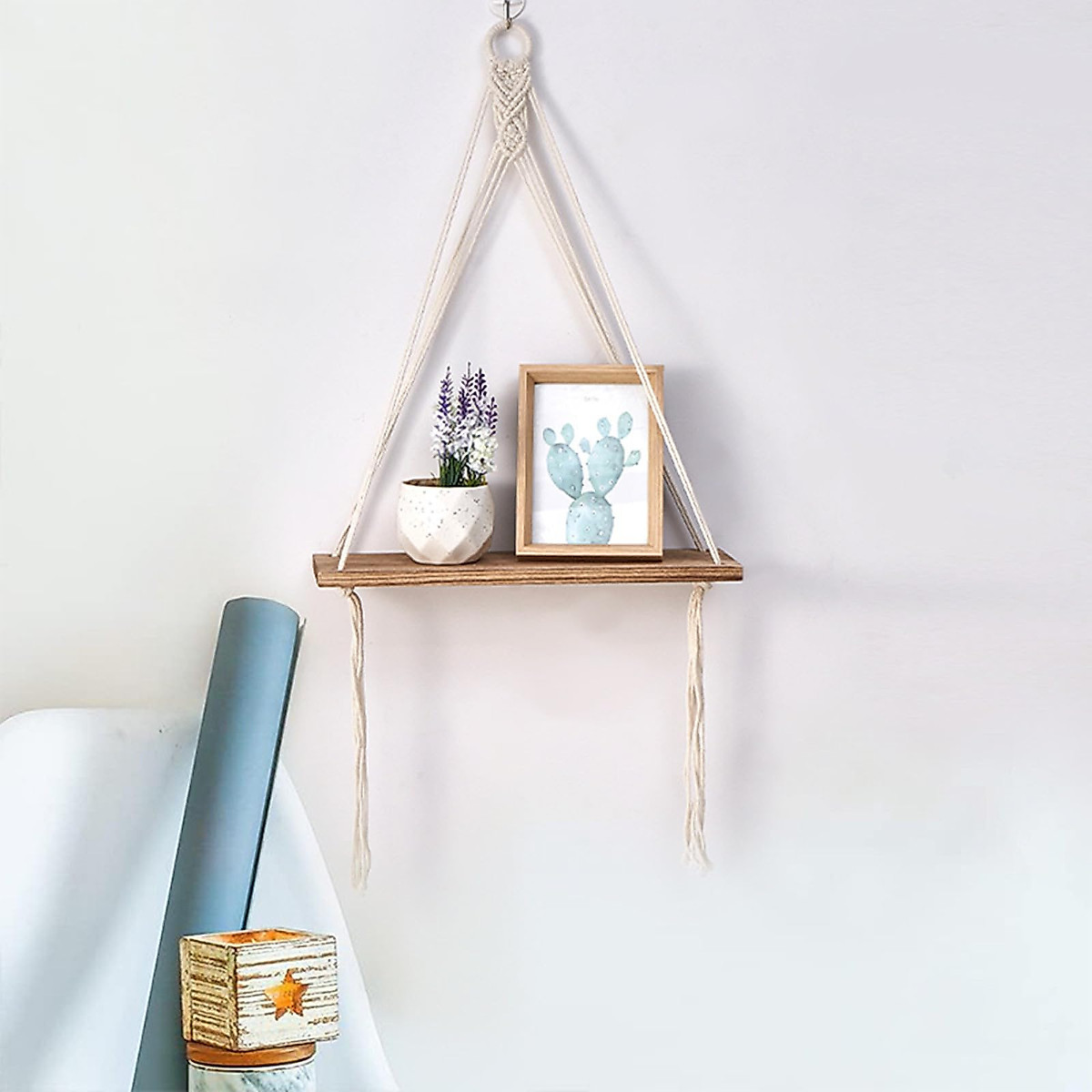 DD-life Macrame Rope Triangle Shelf Wooden Wall Hanging Shelves Macrame Hanging Shelf Farmhouse Rustic Modern Plant Aesthetic for Room Nursery Bathroom Living Room College Dorm Room