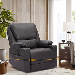 KIGOTY Recliner Chair Rocker Recliner Chair for Adults 360 Degree Swivel Rocker Reliner with Heated Massage Drink Holders Living Room Chair PU, Gray