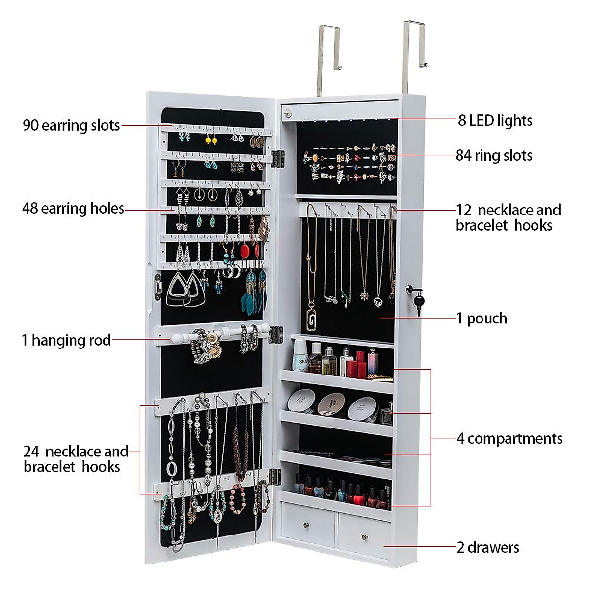HOUAGI Modern White Jewelry Armoire with 5 LEDs, Mirror, 4 Drawers, Wall Mounted, Jewelry Organizer for Women, Wedding, Birthday, Earring Storage
