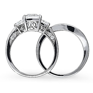 BERRICLE Sterling Silver 3-Stone Wedding Engagement Rings Princess Cut Cubic Zirconia CZ Ring Set for Women, Rhodium Plated Size 8